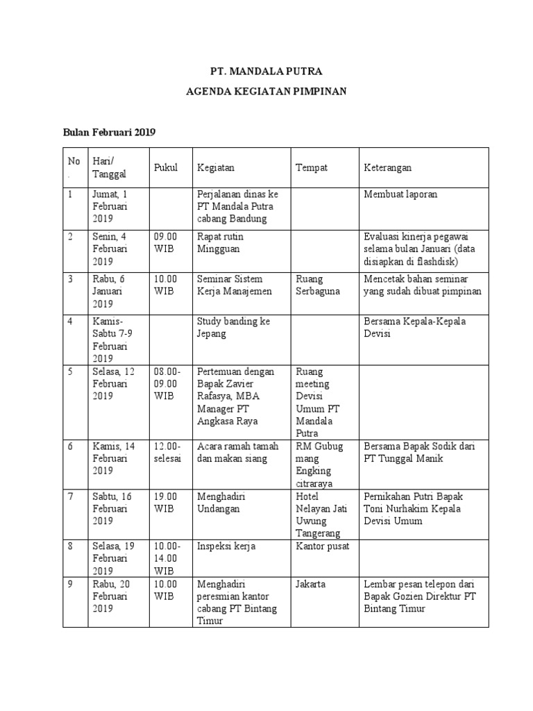 Agenda Jadwal Kegiatan Pimpinan | PDF