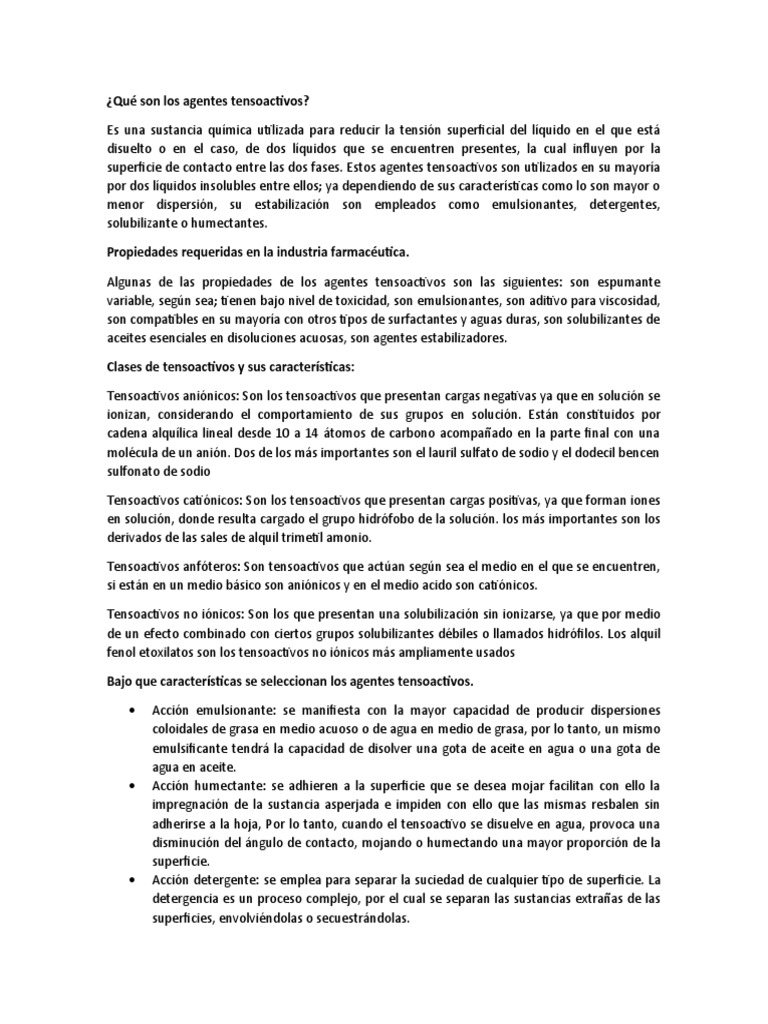 ¿Qué hacen los agentes tensoactivos y cómo se clasifican? | PDF ...