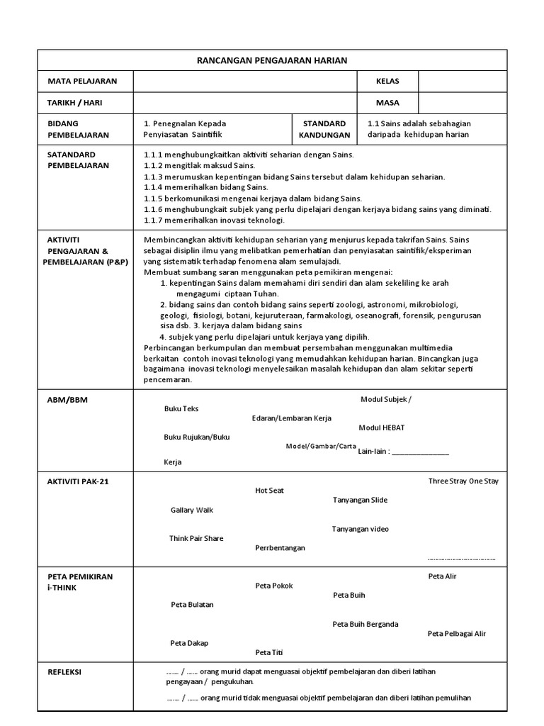 RANCANGAN PENGAJARAN HARIAN Tingkatan 1 | PDF