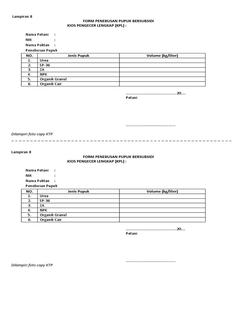 Form Penebusan Pupuk Bersubsidi Kios Pengecer Lengkap (KPL) | PDF
