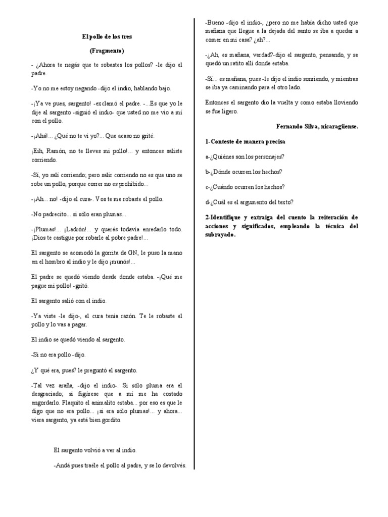 Cuento El Pollo de Los Tres | PDF