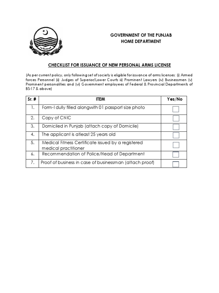 Punjab Arms License Application Checklist | PDF | Justice | Crime ...