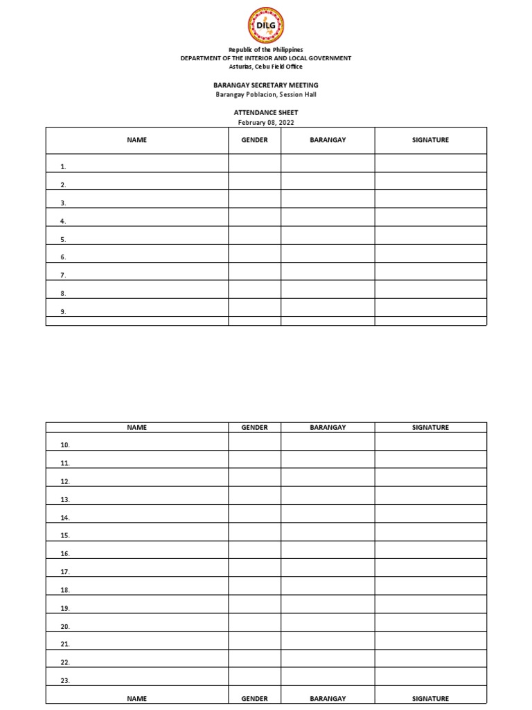 Barangay Secretary Meeting Attendance Sheet Name Gender Barangay ...