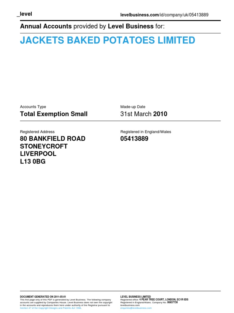 JACKETS BAKED POTATOES LIMITED - Company Accounts From Level Business ...