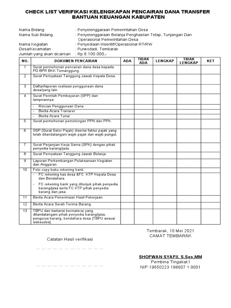 Check List Verifikasi Kelengkapan Pencairan Dana Transfer | PDF