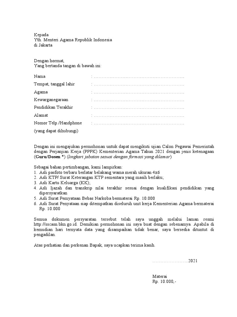 Format Surat Lamaran Dan Pernyataan CPPPK Kemenag | PDF | Ilmu Sosial