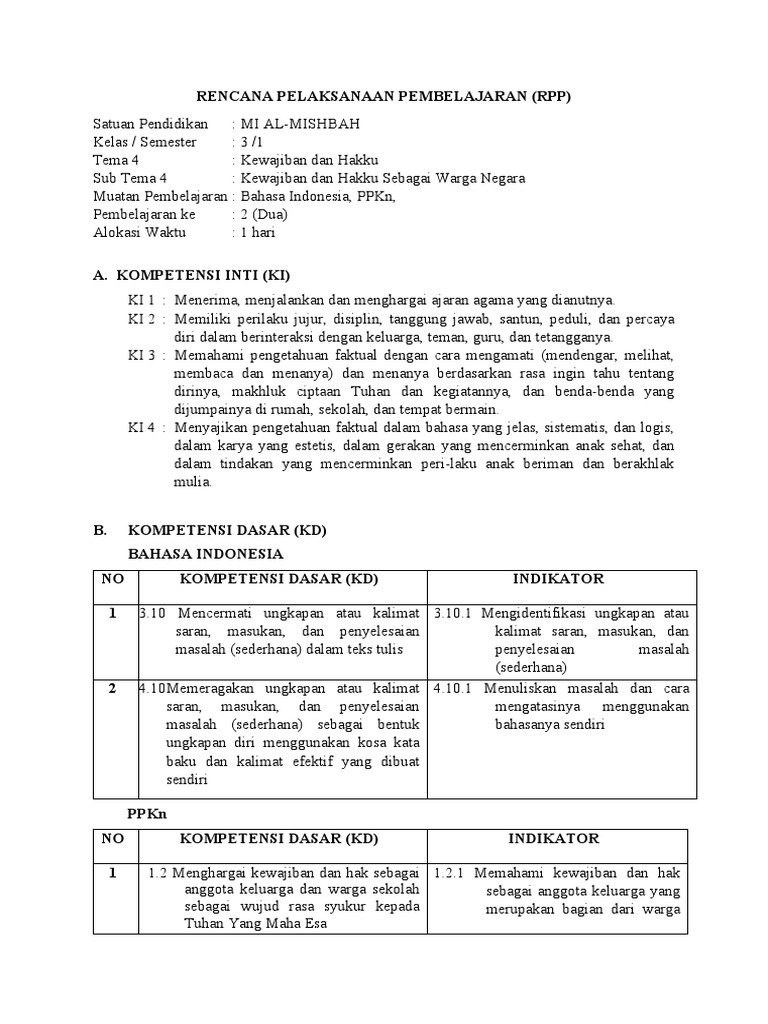 RPP Tematik Kelas 3 Tema 4 Subtema 4 Pembelajaran 2 | PDF | Kesehatan ...