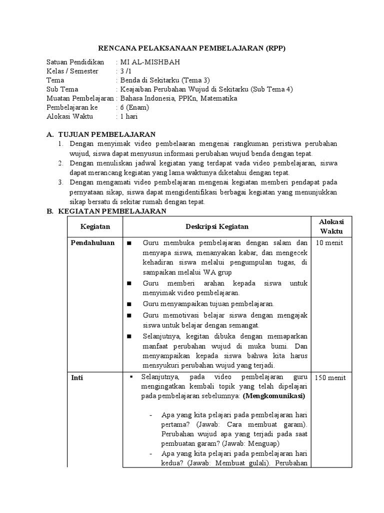 RPP Tematik Kelas 3 Tema 3 Subtema 4 Pembelajaran 6 | PDF