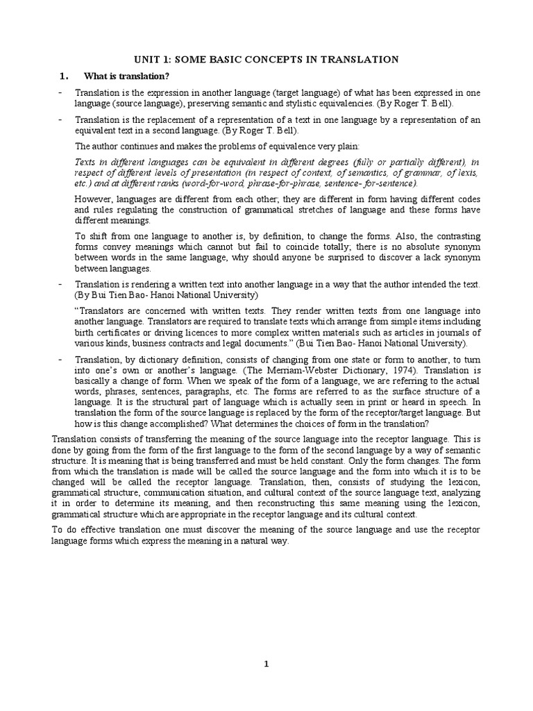 Unit 1: Some Basic Concepts in Translation | PDF | Semantics | Translations