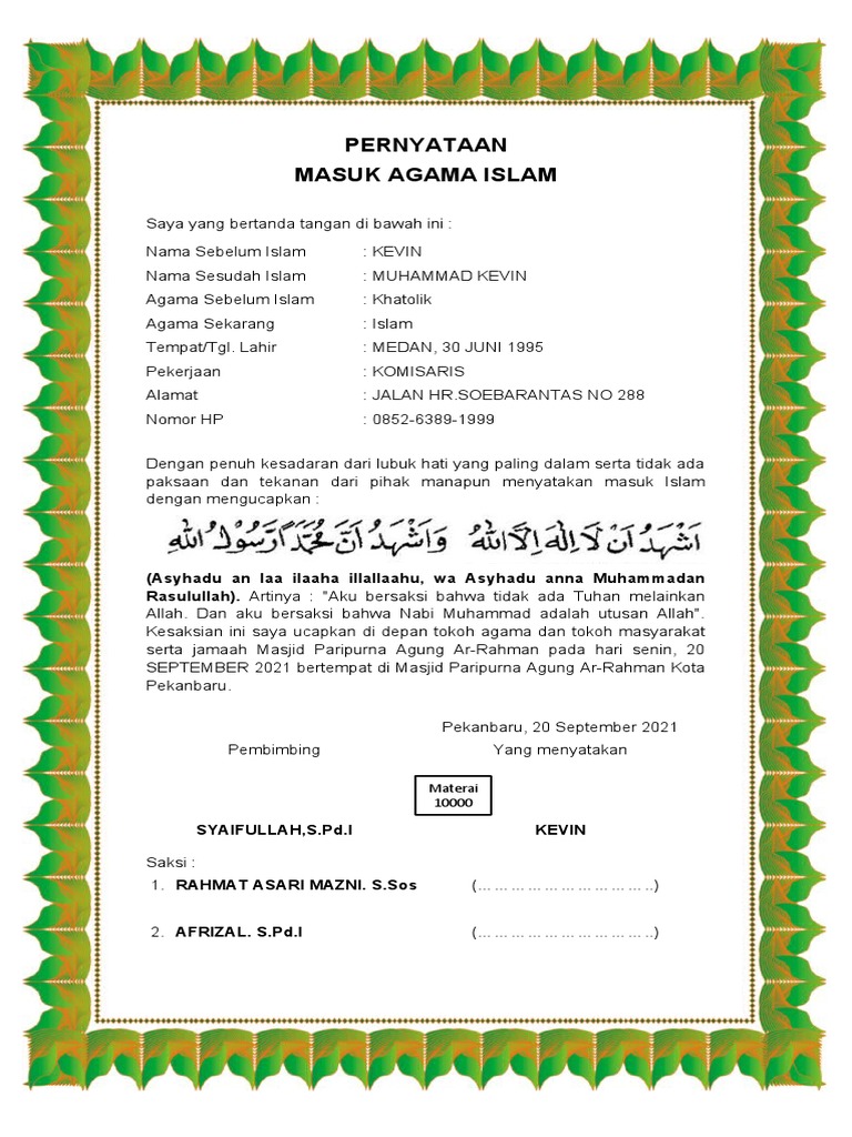 Surat Pernyataan Masuk Agama Islam | PDF