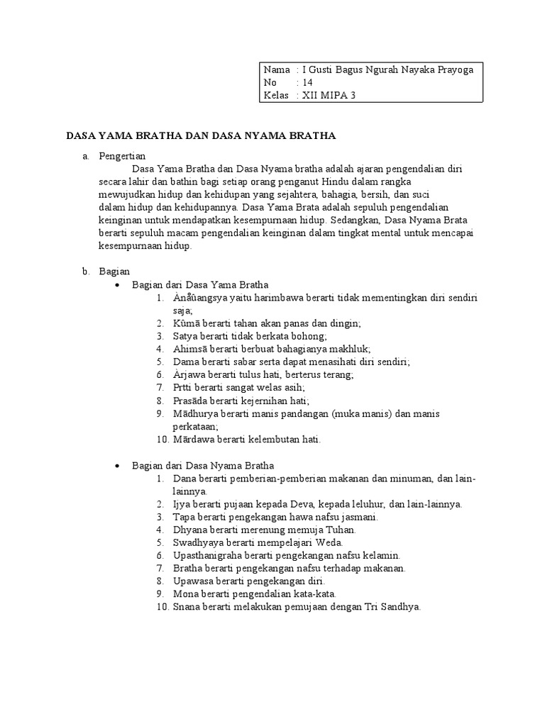 14 - I Gusti Bagus Ngurah Nayaka Prayoga - XII MIPA 3 - Dasa Yama Bratha Dan Dasa Nyama Bratha | PDF