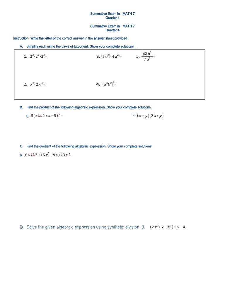 MATH 7 Quarter 4 Summative Exam Guide | PDF | Mathematics | Geometry