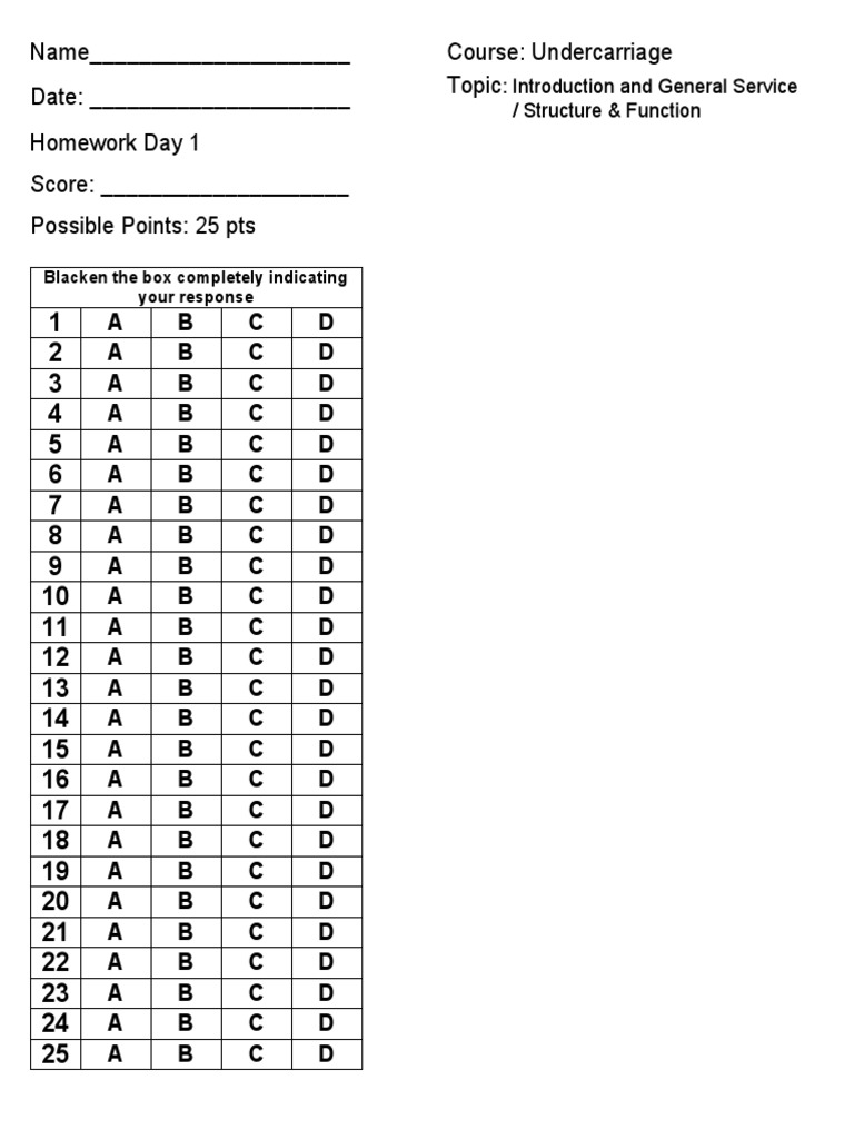 Homework Answer Sheet Basic Undercarriage | PDF | Teaching Methods ...