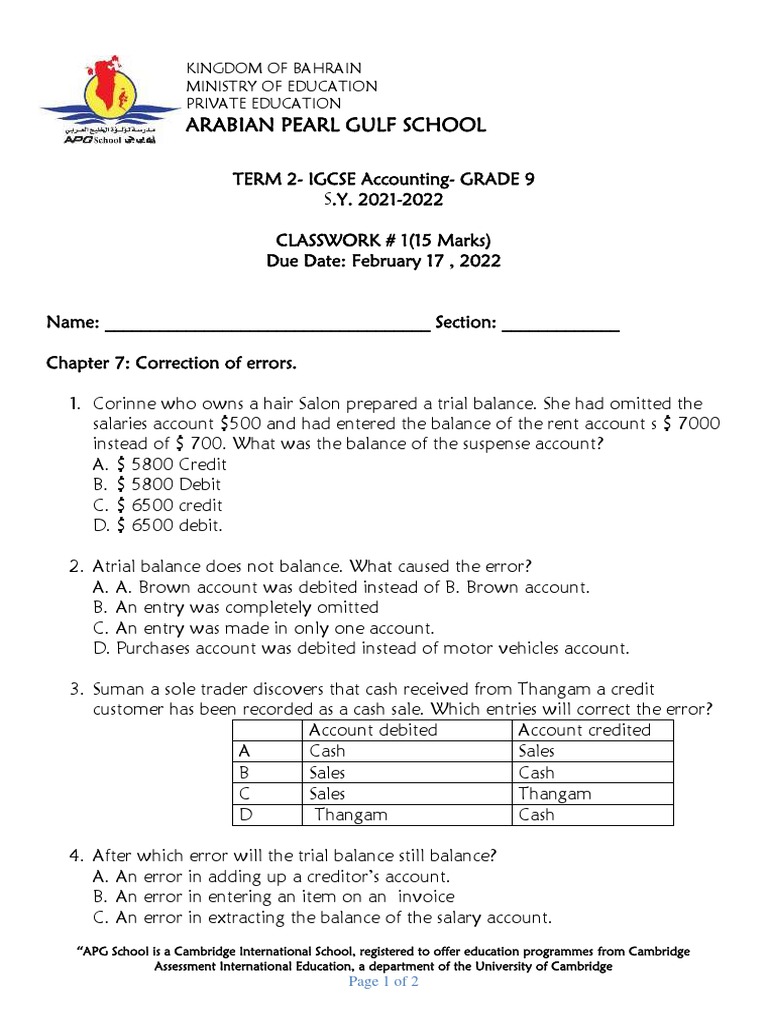 Grade 9 Class Work 1 Correction of Errors | PDF | Debits And Credits ...