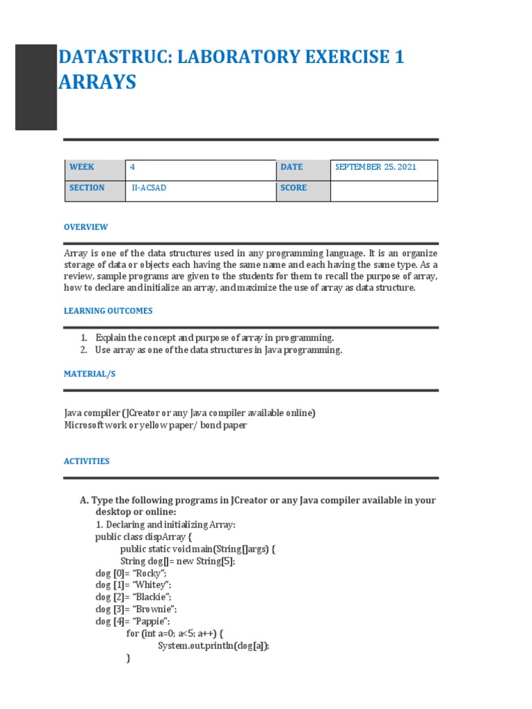 Medina - DATASTRUC - LAB EXERCISE 1 - ARRAYS | PDF | Array Data Structure | Java (Programming ...