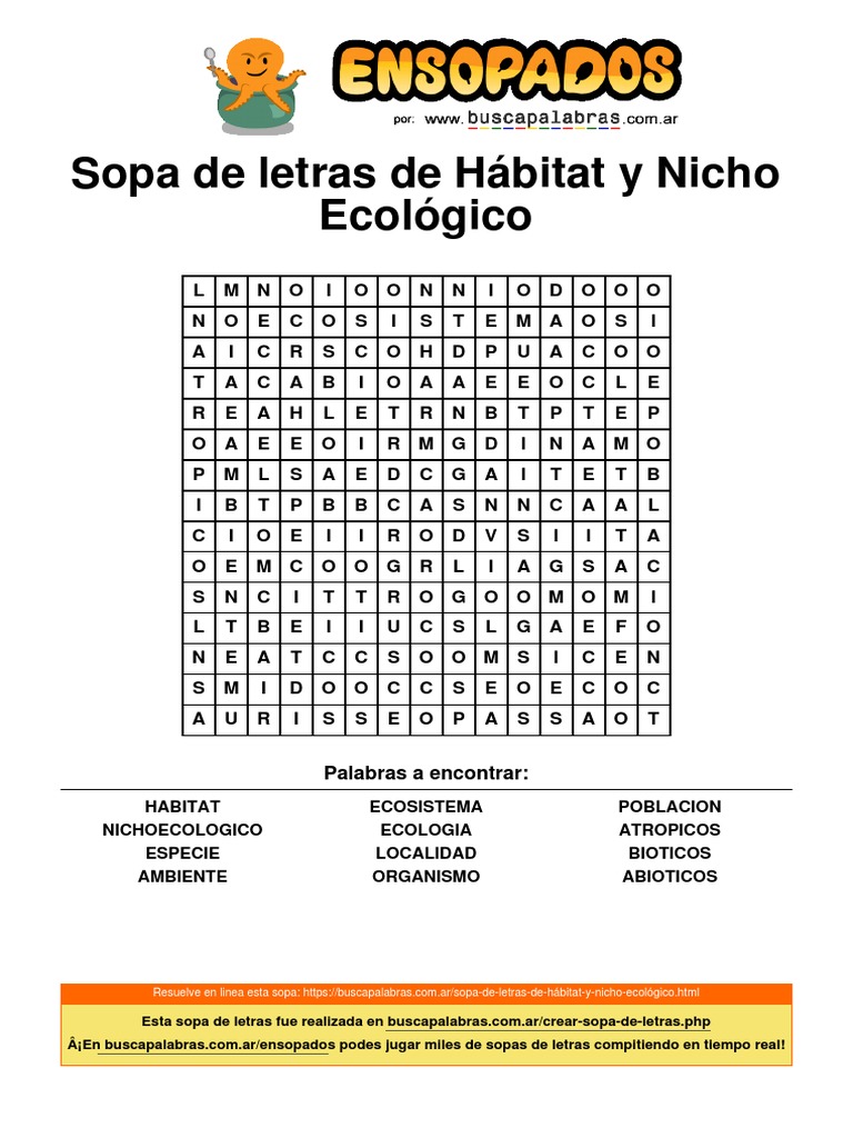 Sopa de Letras de Hábitat y Nicho Ecológico | PDF