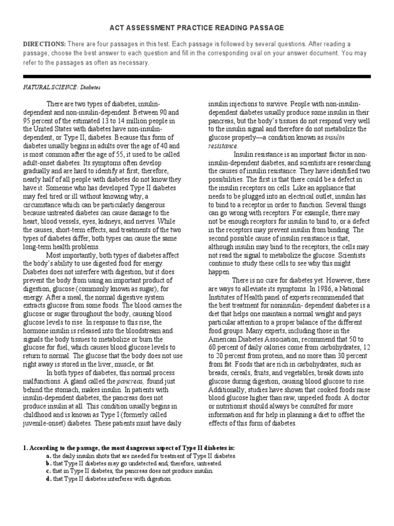 Act Assessment Practice Reading Passage | PDF | Diabetes | Insulin