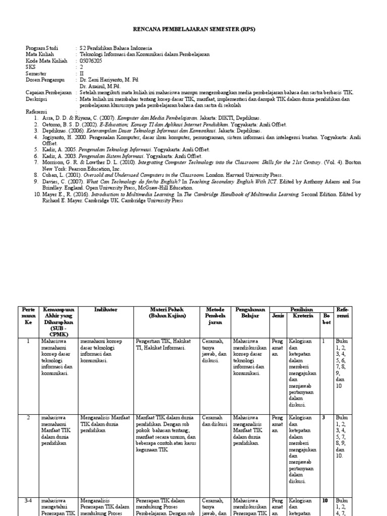 Rencana Pembelajaran Semester (RPS) | PDF | Seni