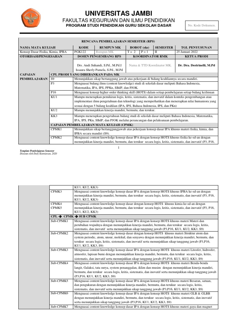 Rencana Pembelajaran Semester Konsep Dasar Fisika Kimia Ipba 2022 | PDF ...