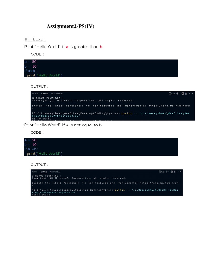 Assignment2-PS (IV) : If Else: Print "Hello World" If Is Greater Than | Download Free PDF ...