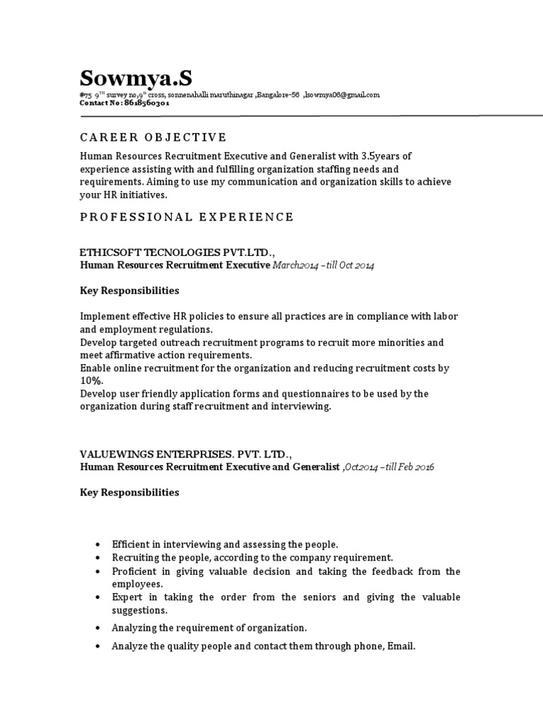 Sowmya Resume | PDF | Recruitment | Human Resource Management