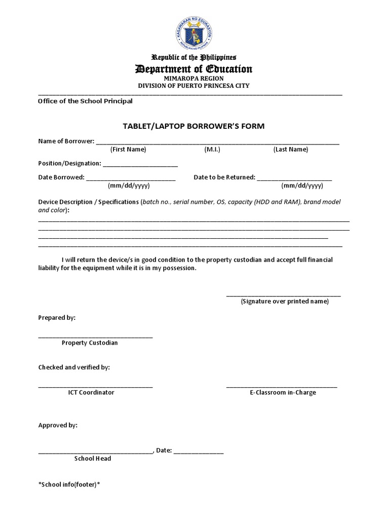 Department of Education: Tablet/Laptop Borrower'S Form | PDF | Computer ...