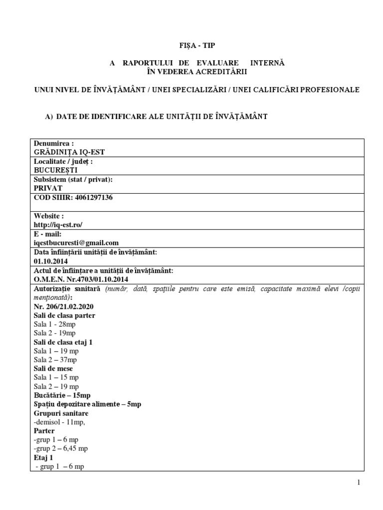 Fisa-Tip A Raportului de Evaluare Interna | PDF