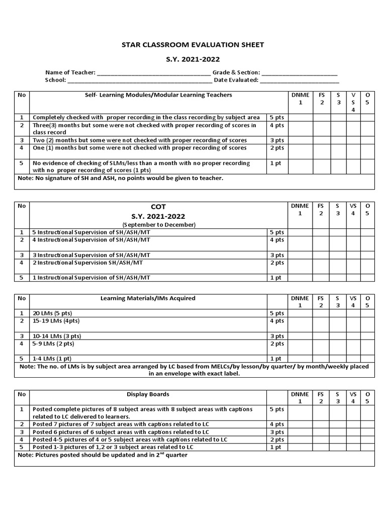 Star Classroom Evaluation Sheet Final | PDF | Pedagogy | Behavior ...