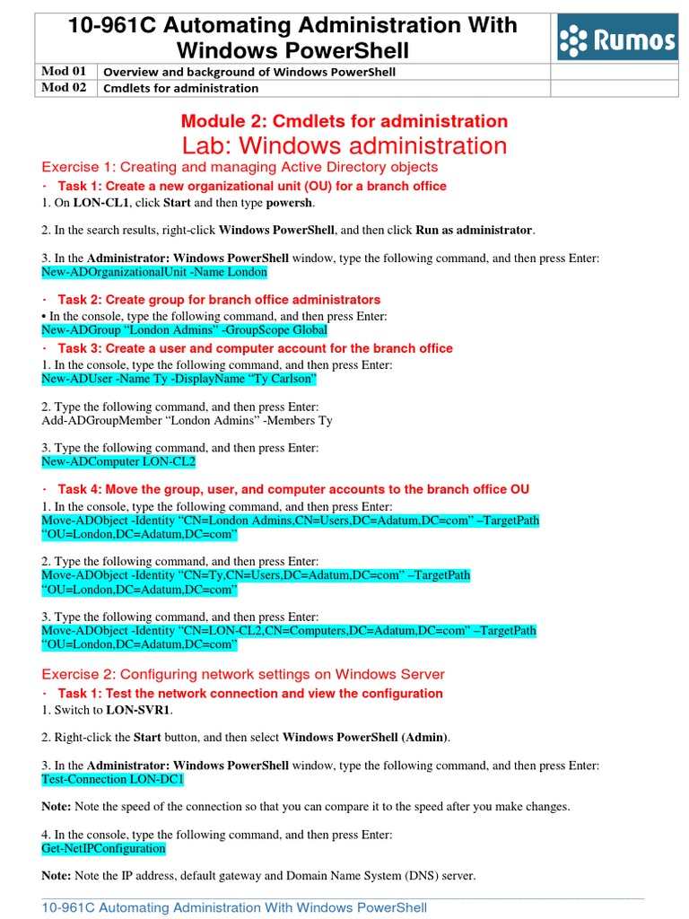 Lab: Windows Administration: Module 2: Cmdlets For Administration | Download Free PDF | Command ...