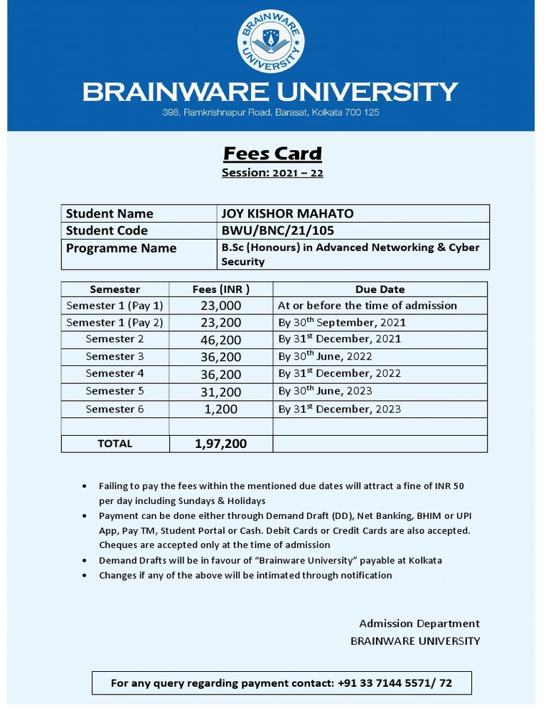 Fees Card: Student Name Joy Kishor Mahato Student Code BWU/BNC/21/105 ...