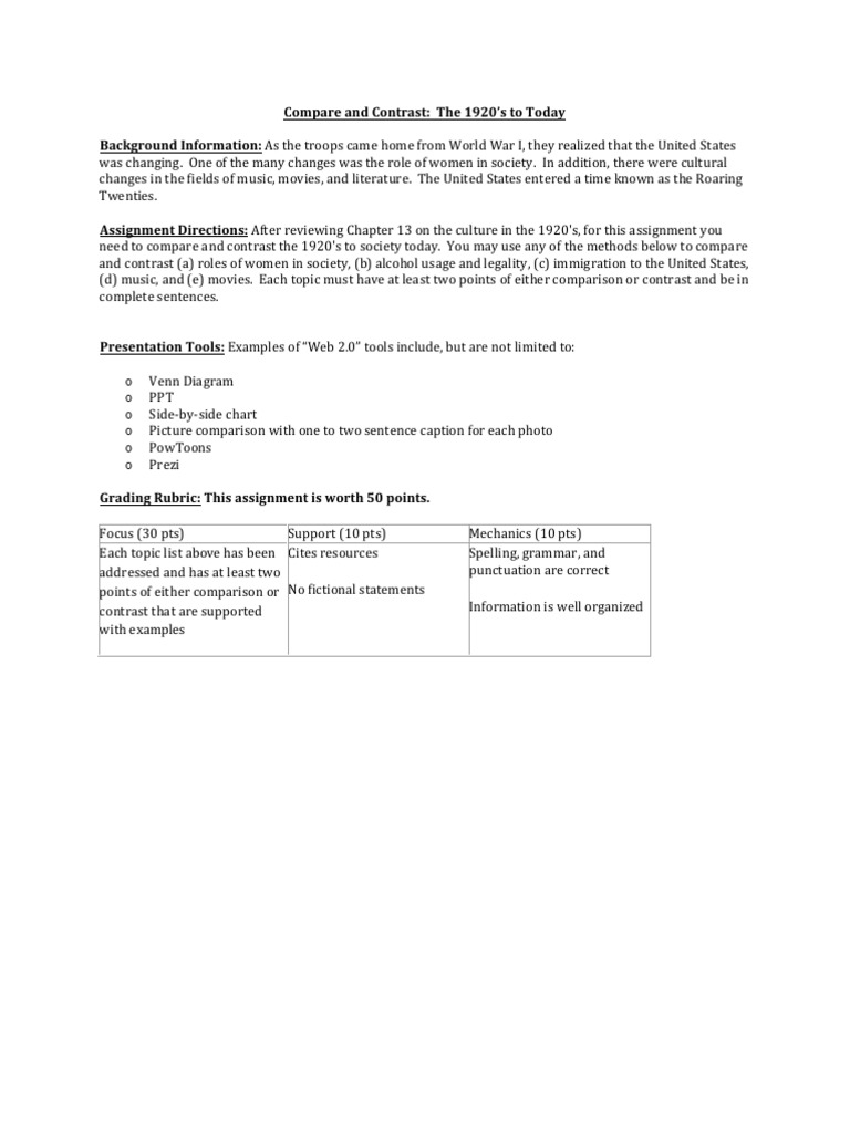 Assignment 18 - Compare and Contrast The 1920s To Today - Chapter 13 | PDF