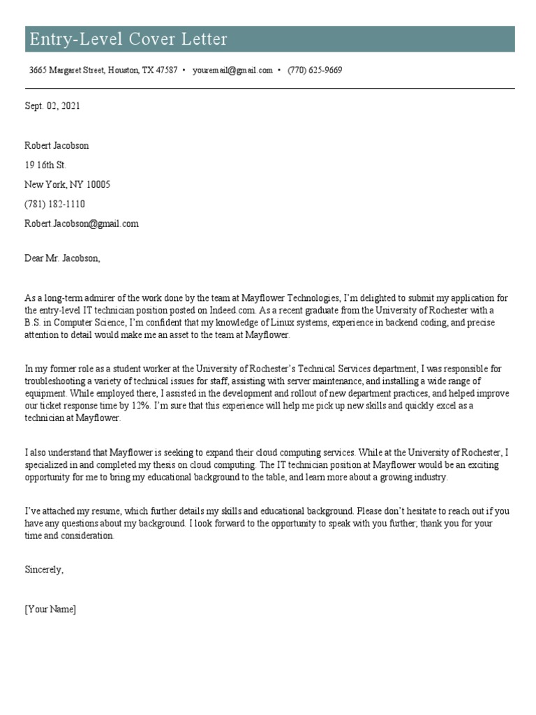 Entry Level Cover Letter Example | PDF | Résumé | Computing