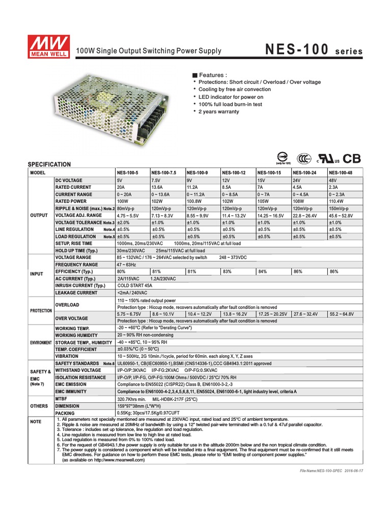 100W Single Output Switching Power Supply: Series | PDF | Power Supply ...