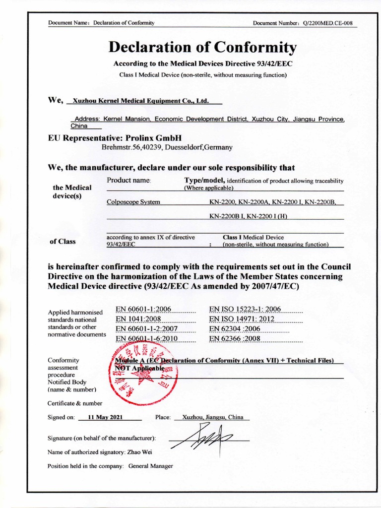11may21 - Colposcope Declaration of Conformity | PDF