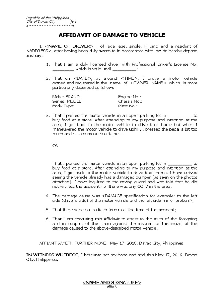 Affidavit of Damage To Vehicle Sample | PDF | Affidavit | Manufactured ...