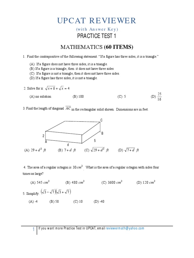 Upcat Reviewer Practice Test 1 | PDF | Elementary Geometry | Elementary ...