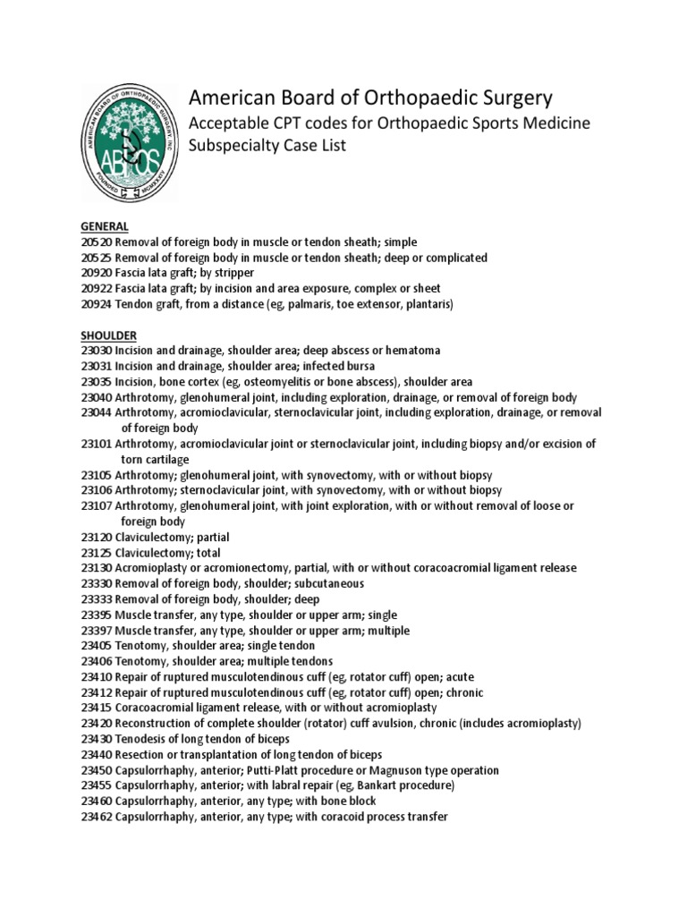 American Board of Orthopaedic Surgery: Acceptable CPT Codes For ...