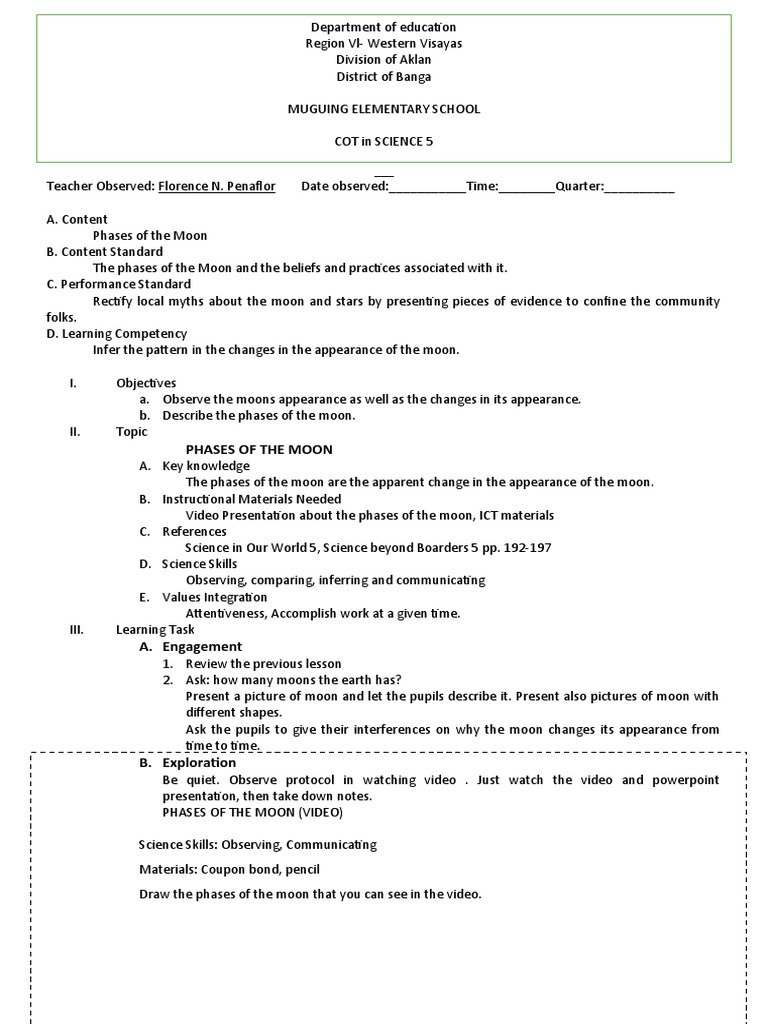 Final COT DLP SCIENCE 5 by Florence Penaflor (1) Moon Phases | PDF ...