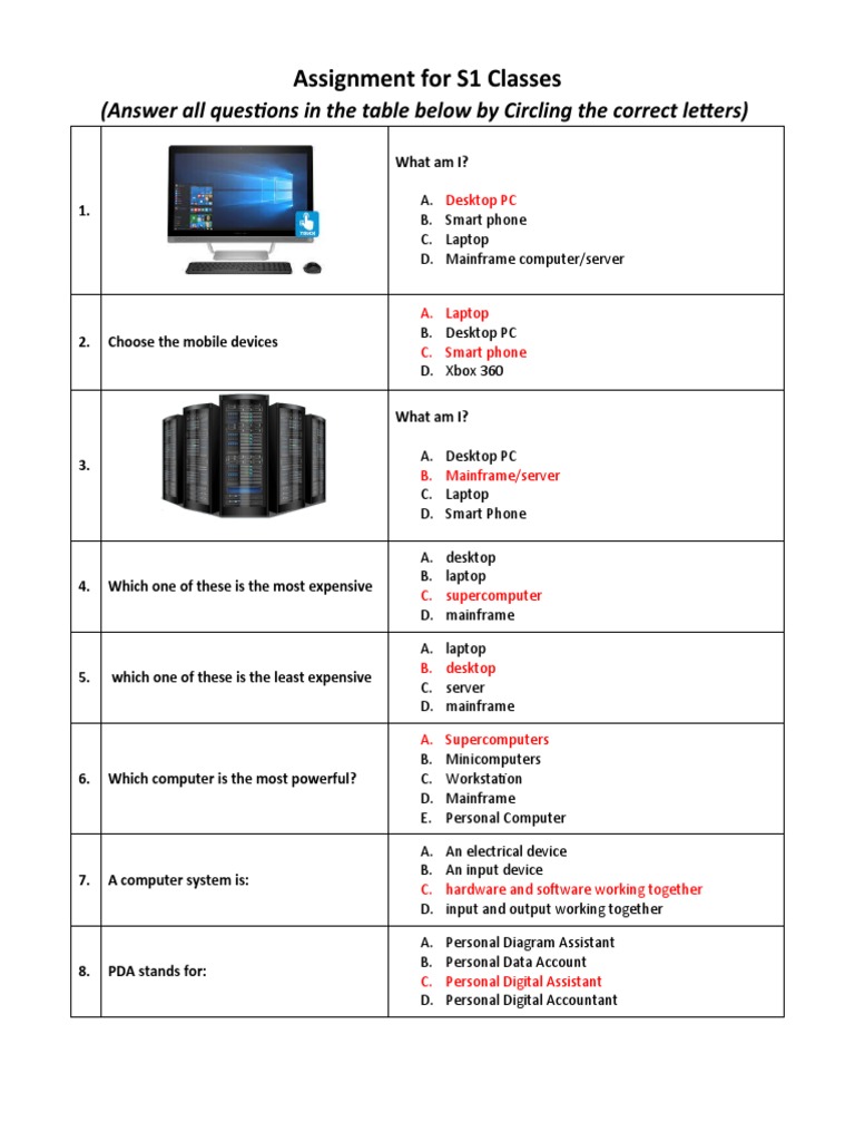 Assignment For S1 Classes: (Answer All Questions in The Table Below by ...