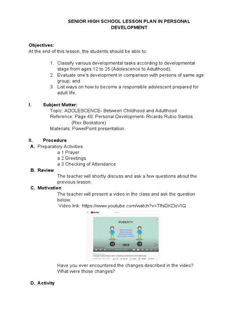 SHS-Lesson Plan-Personal Development | PDF | Adolescence | Behavioural ...