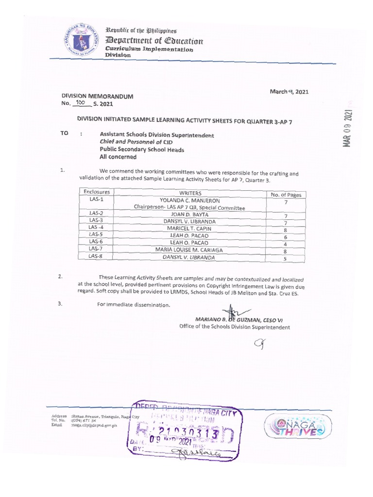 DM No. 100, S. 2021 Division Initiated Sample Learning Activity Sheets ...