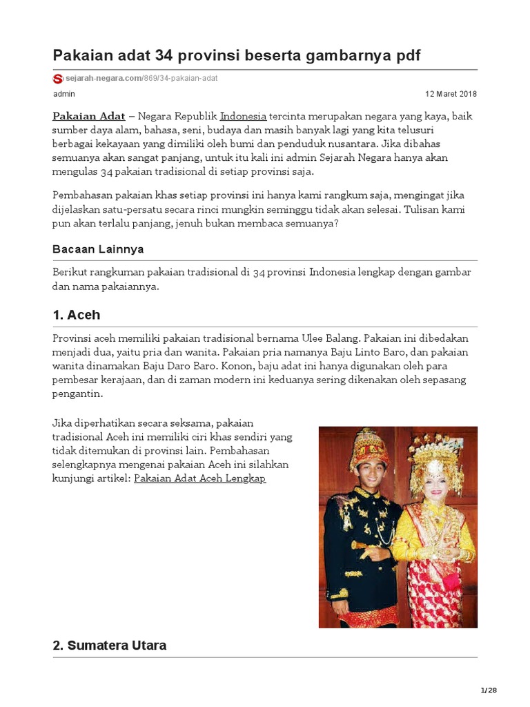 Pakaian Adat 34 Provinsi Beserta Gambarnya PDF | PDF