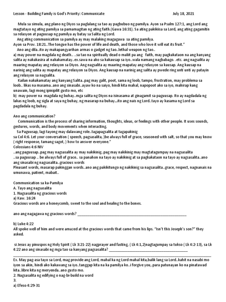 20210718-Lesson-Building-Family-is-Gods-Priority.-Communicate NIV | PDF