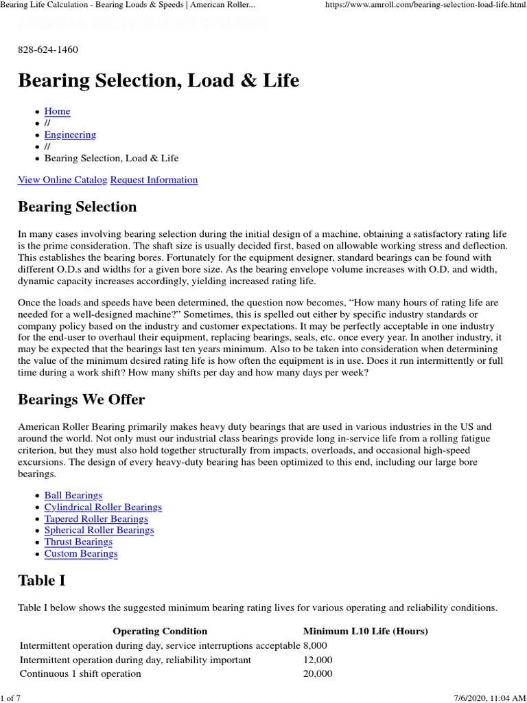 Bearing Life Calculation - Bearing Loads & Speeds - American Roller ...