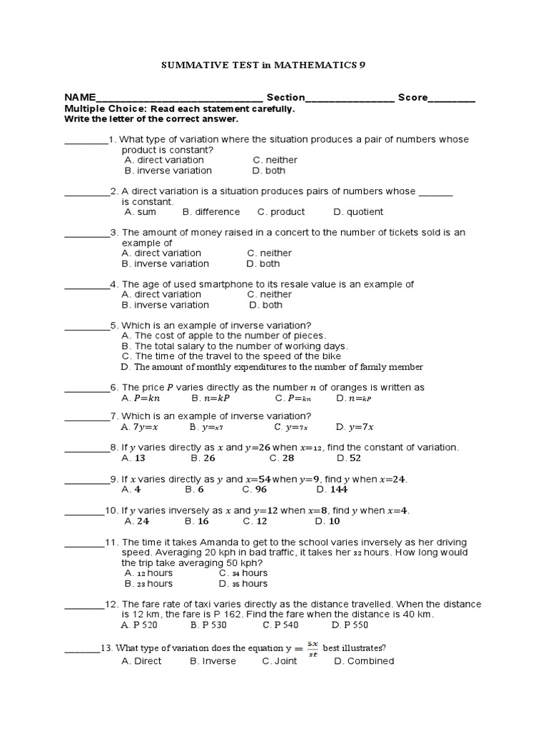 Summative Test Grade 9 Math | PDF | Summation | Mathematics