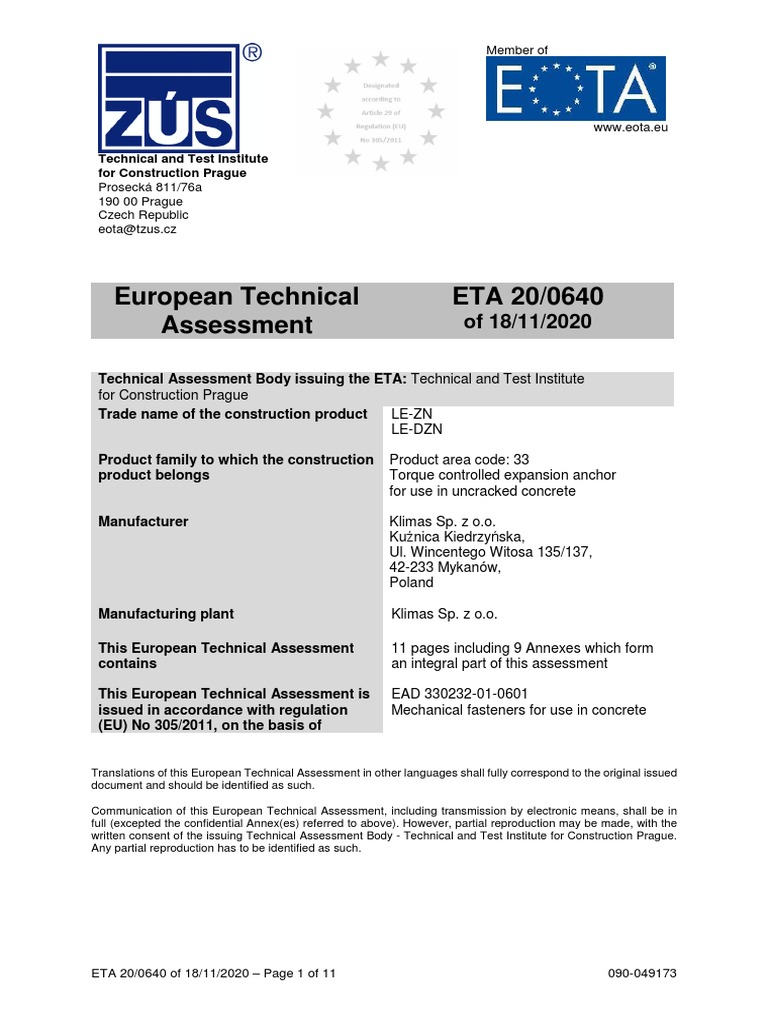 European Technical Assessment ETA 20/0640: Technical and Test Institute ...