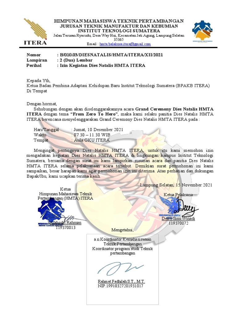 Surat Dies Natalis HMTA ITERA Grand Ceremony | PDF