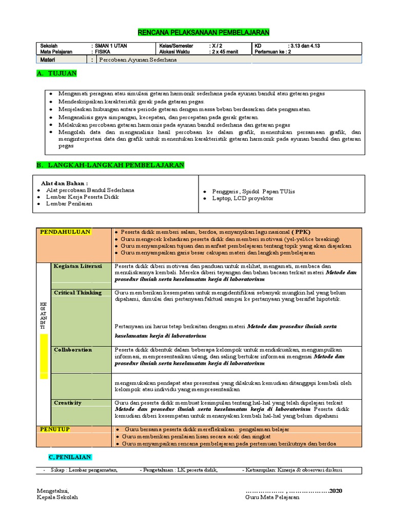 Rencana Pelaksanaan Pembelajaran Model Format | PDF