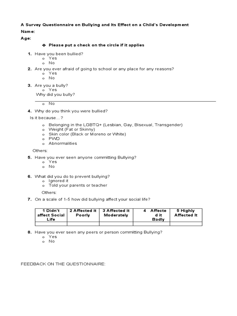 A Survey Questionnaire On Bullying and Its Effect On A Child | PDF ...
