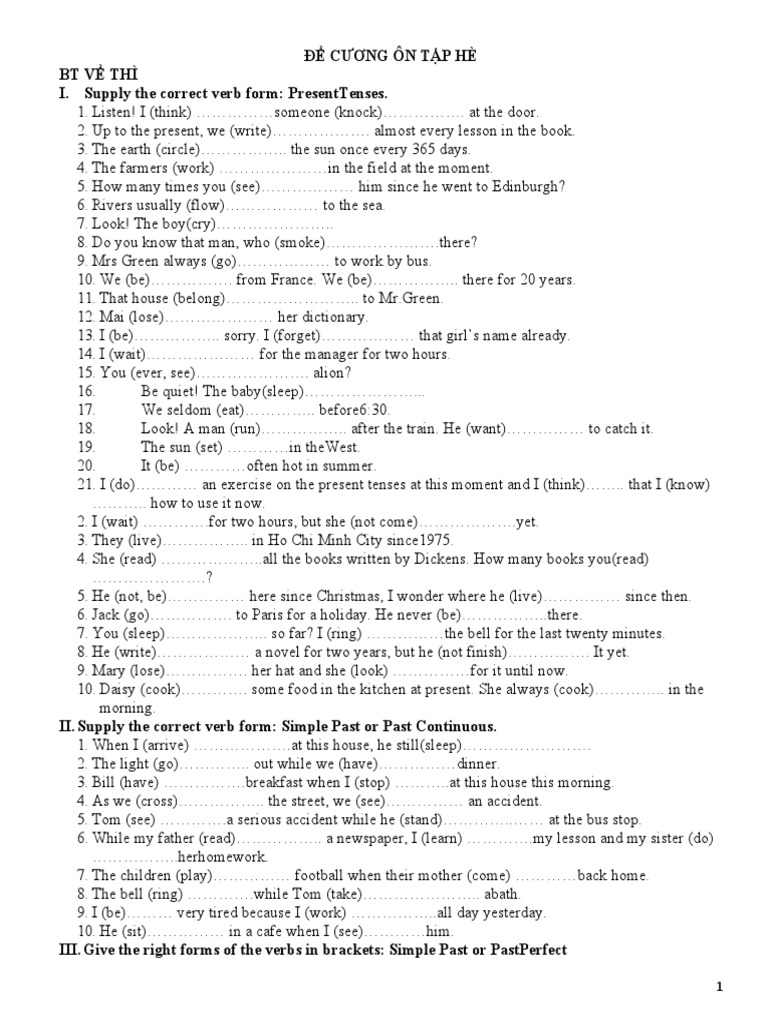 Đề Cương Ôn Tập Hè Bt Về Thì I. Supply The Correct Verb Form: Presenttenses | PDF